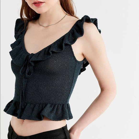 Urban Outfitters | Tops | Emerald Tie Front Ruffle Knit Top | Poshmark